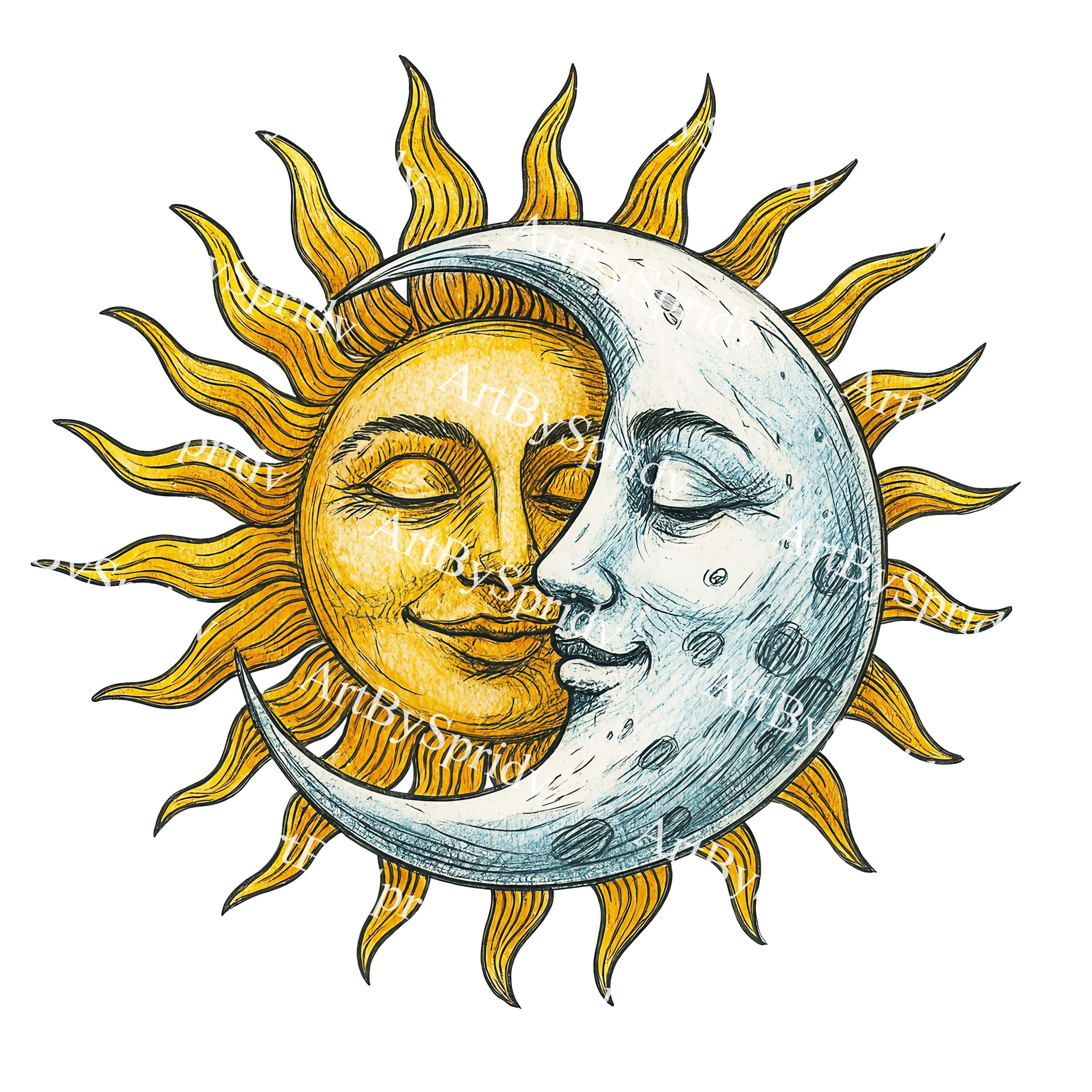 Sun and Moon Face Clipart PNG, Boho Celestial Art Digital Download ...