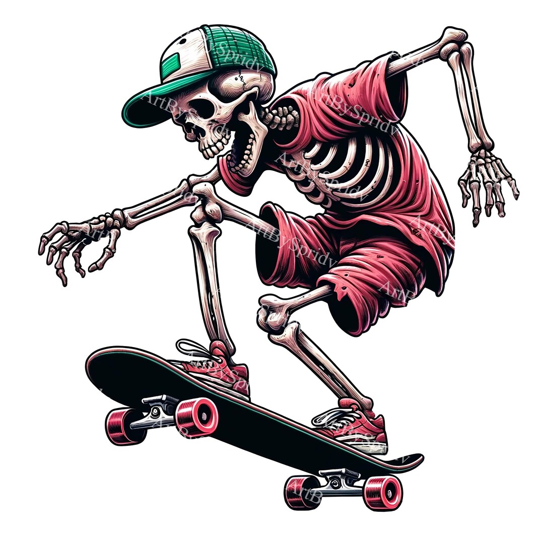 Skateboarding Skeleton Clipart | Rad Skater Bones Digital PNG | Cool ...