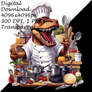 T-rex Chef Dinosaur With Hat & Apron Clip Art - Printable Shirt, Mug ...