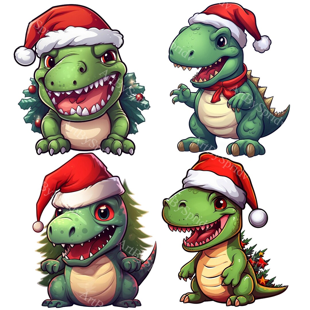 4 Pack T-rex Christmas Dinosaur With Santa Hat Transparent PNG Clipart ...