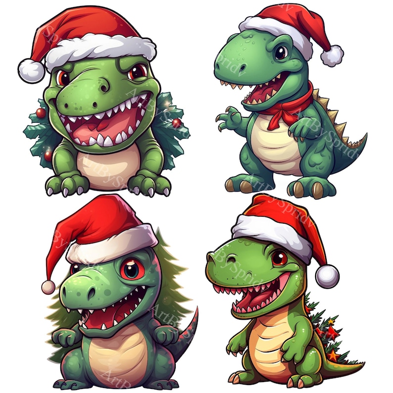 Christmas Dinosaur Clipart Bundle – Cute T-rex in Santa Hat PNG for ...