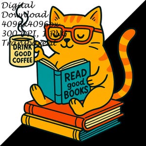 Cute Reading Cat PNG Clipart, Coffee and Books Lover Kitty, Nerdy Cat ...