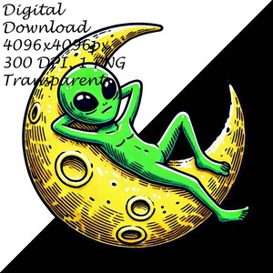 Alien Relaxing on Crescent Moon PNG Clipart-cute Green Extraterrestrial ...