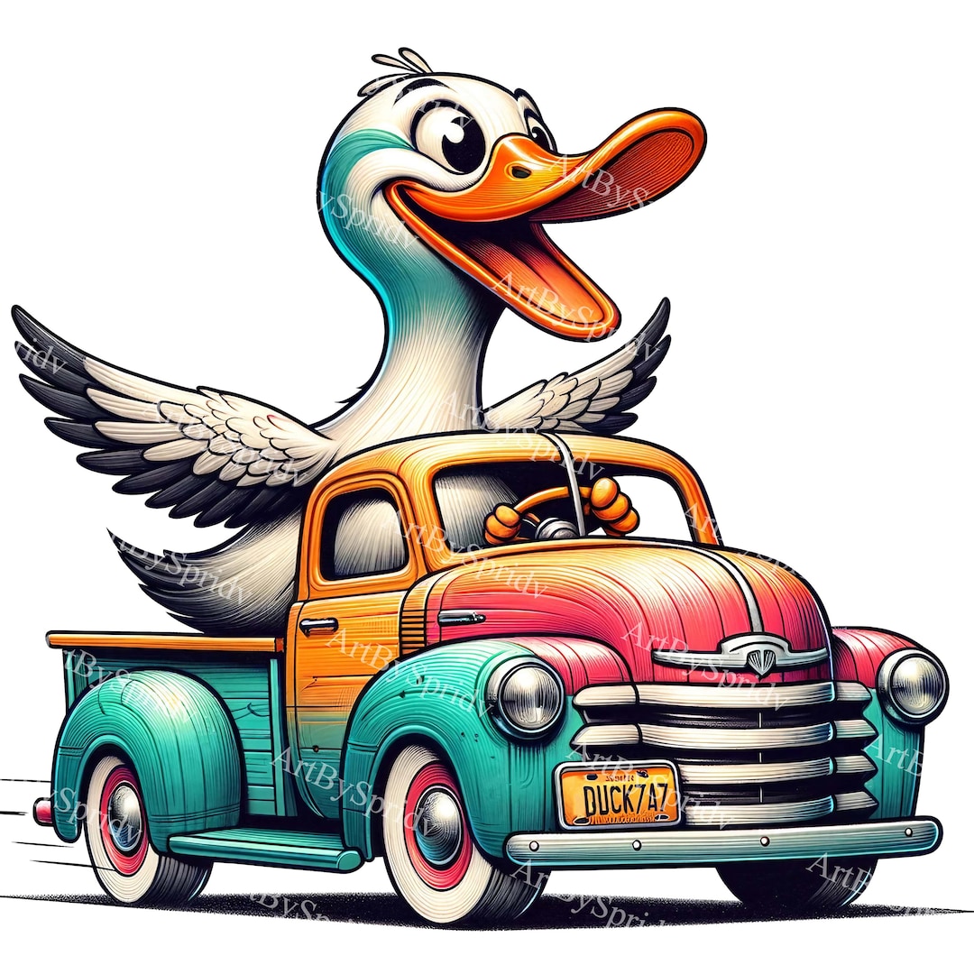 Vintage-inspired Duck Driving Pickup Truck Digital Clipart, Sublimation ...