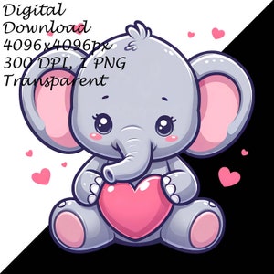 Cute Cartoon Elephant With Heart Clipart - Valentine's Day PNG for DTG ...