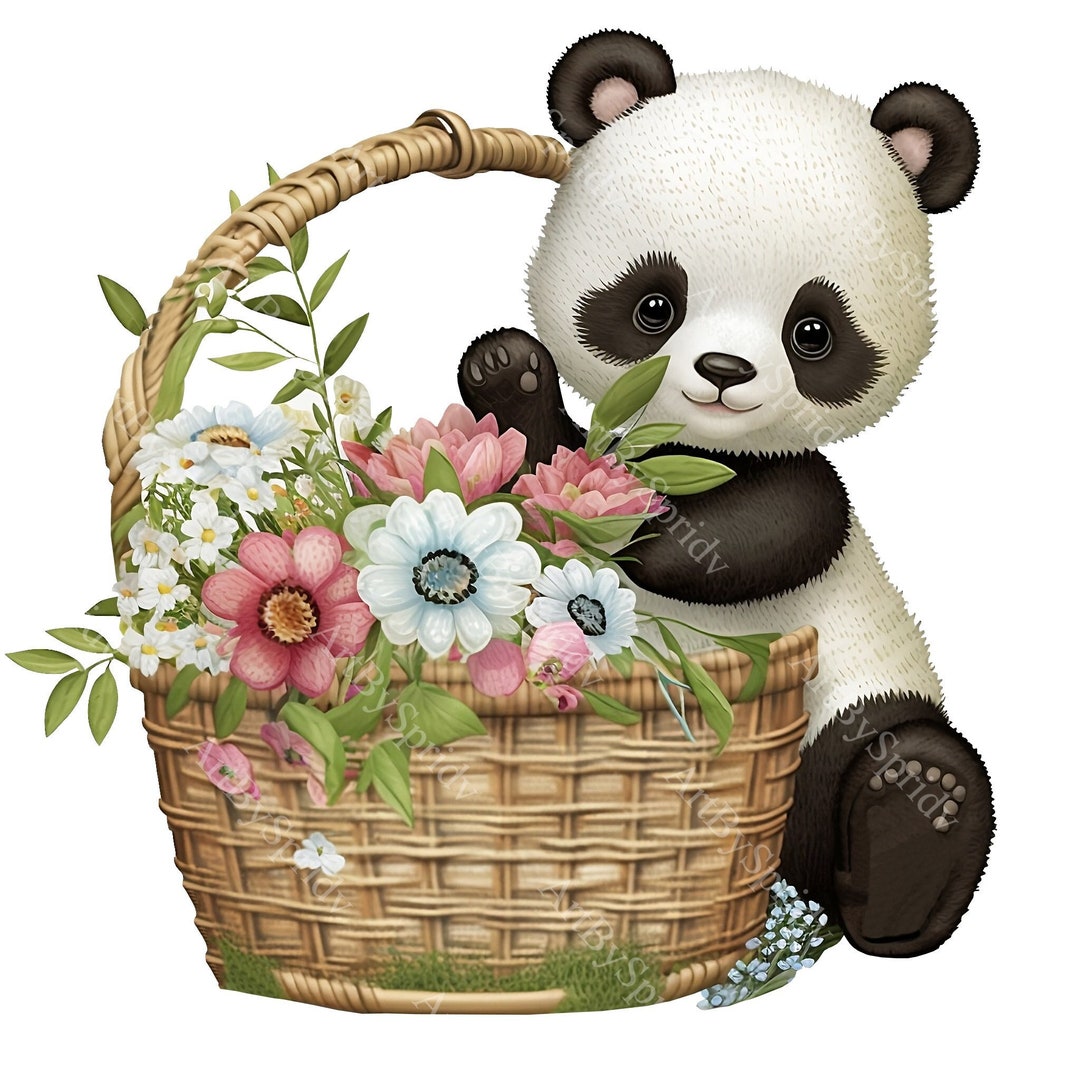 Baby Panda With Wicker Flower Basket PNG Clipart, Transparent Bear Clip ...