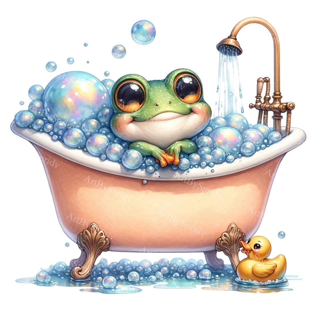 Cartoon Frog With Expressive Eyes in Bubble Bath Clipart - Fun Digital ...