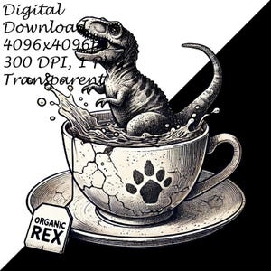Vintage Dinosaur Tea Cup PNG, T-rex Tea Illustration, Retro Engraved ...