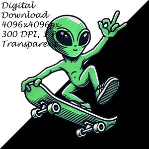 Green Alien Riding Skateboard PNG Clipart,digital Download Skateboarder ...