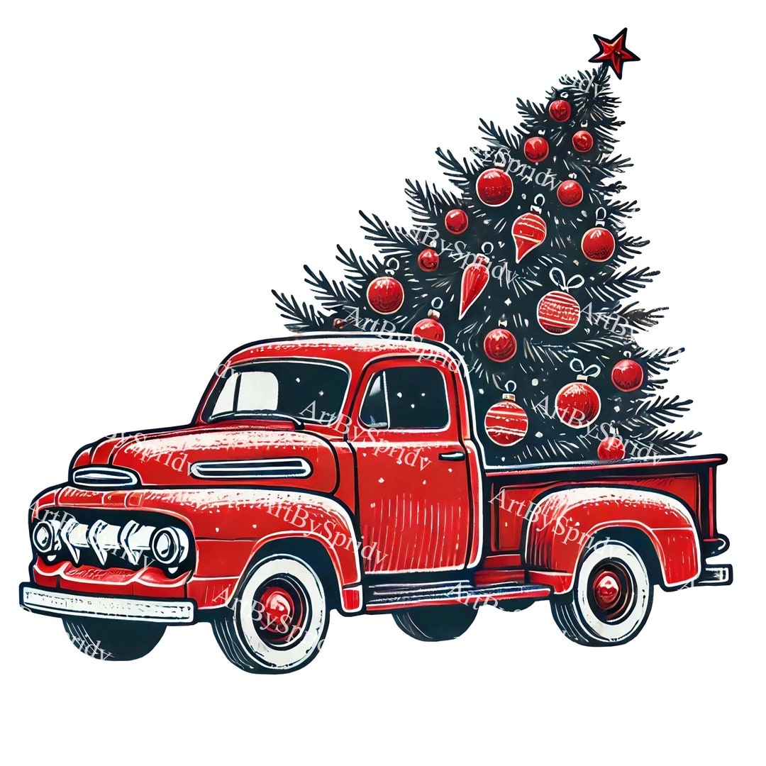 Vintage Red Truck With Christmas Tree PNG Clipart, Retro Holiday ...