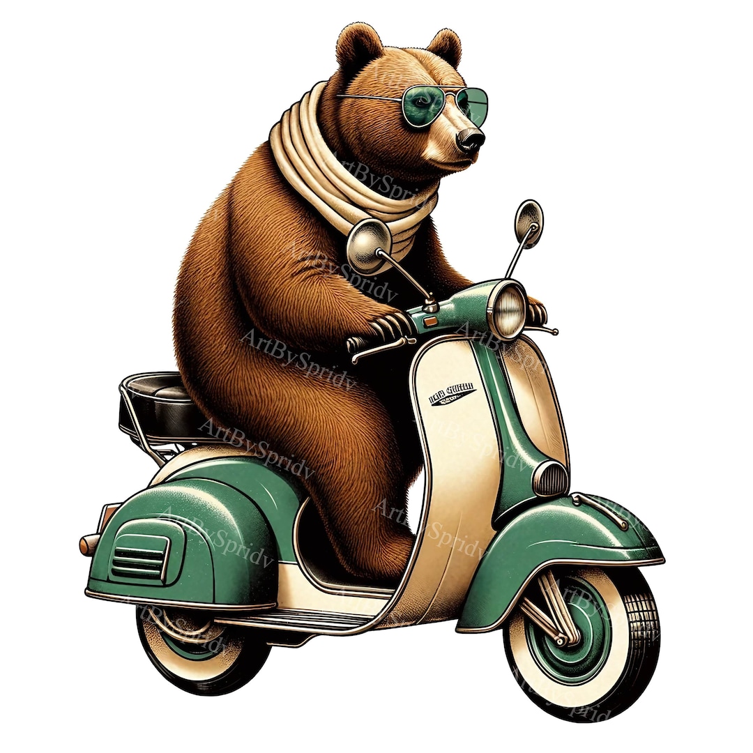 Illustration Bear on Vintage Scooter Clipart - PNG for DTG T-shirt, Mug ...