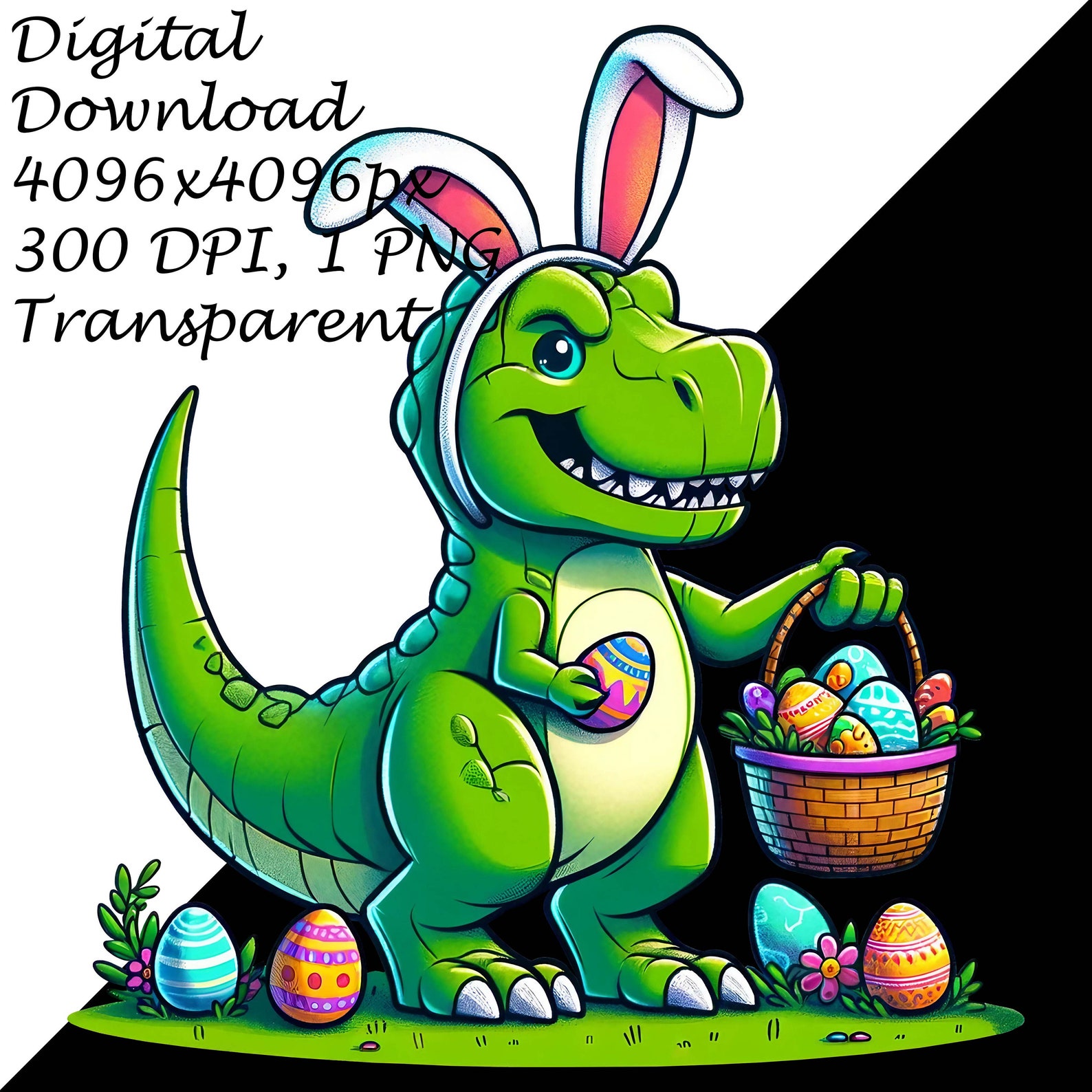 Easter T-rex Dinosaur Clipart With Bunny Ears & Eggs Basket - Digital ...