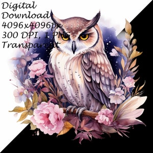 Watercolor Wise Owl Perched Amidst Flower-transparent 4 PNG Clipart ...