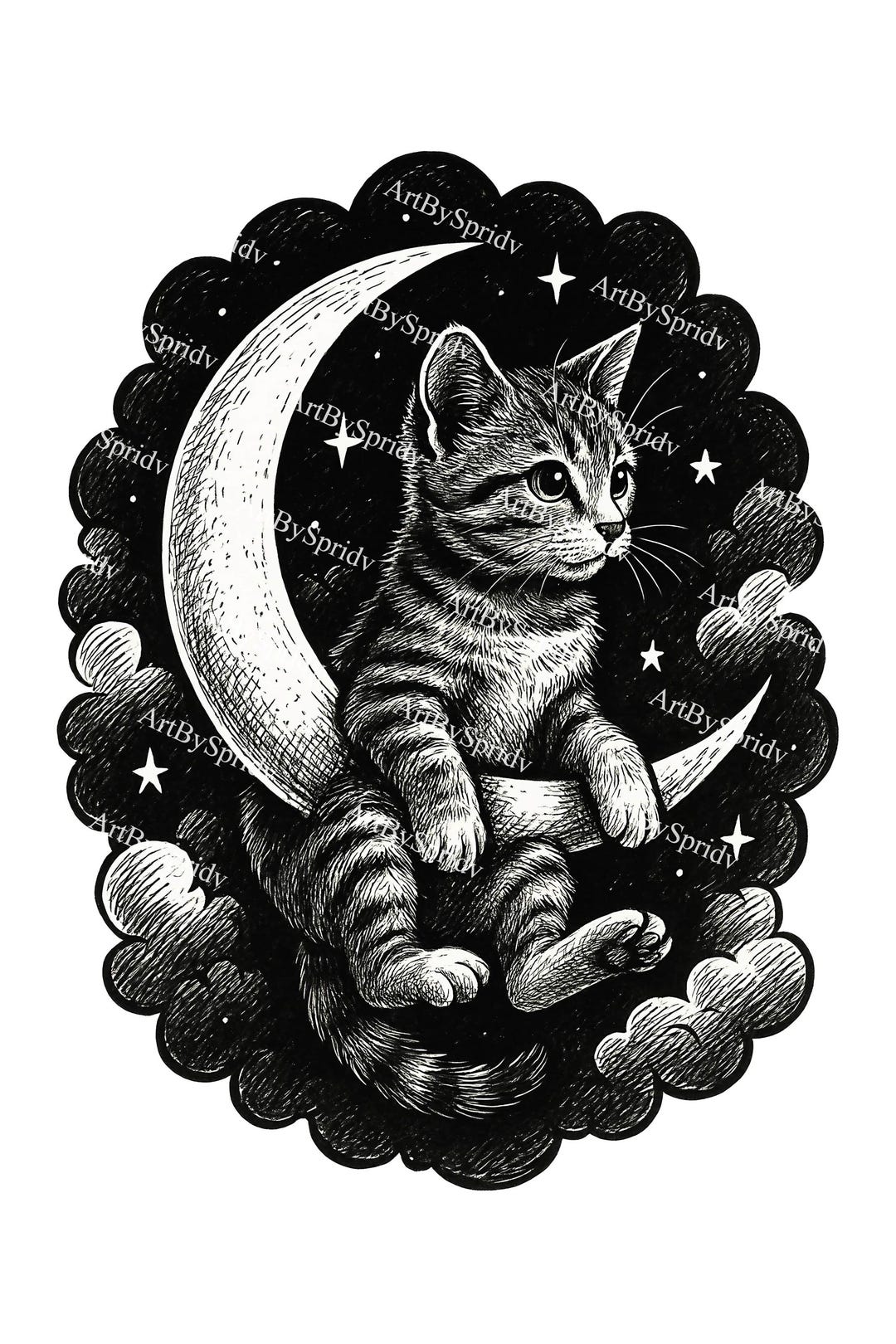 Mystical Moon Cat PNG Design, Black and White Vintage Kitten Sitting on ...
