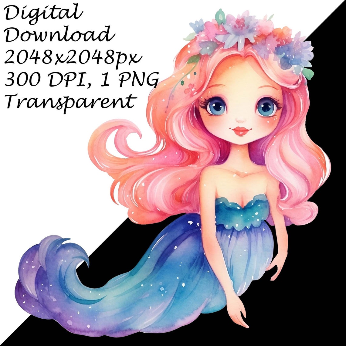 Watercolor Mermaid Princess Clipart PNG, Fantasy Ocean Girl Clip Art ...