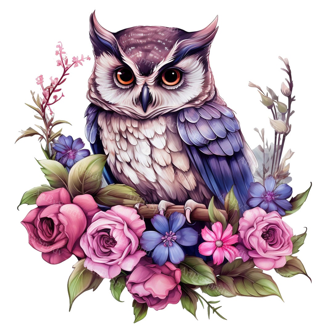 Watercolor Wise Owl Perched Amidst Flower-transparent 4 PNG Clipart ...
