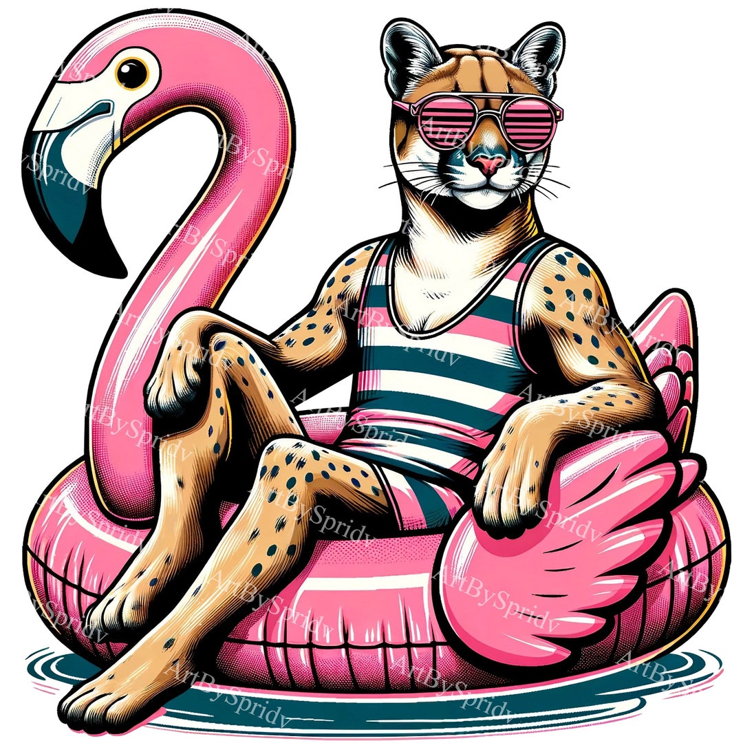Cheerful Puma in Pink Flamingo Float Clipart - Beach Summer Fun Digital ...
