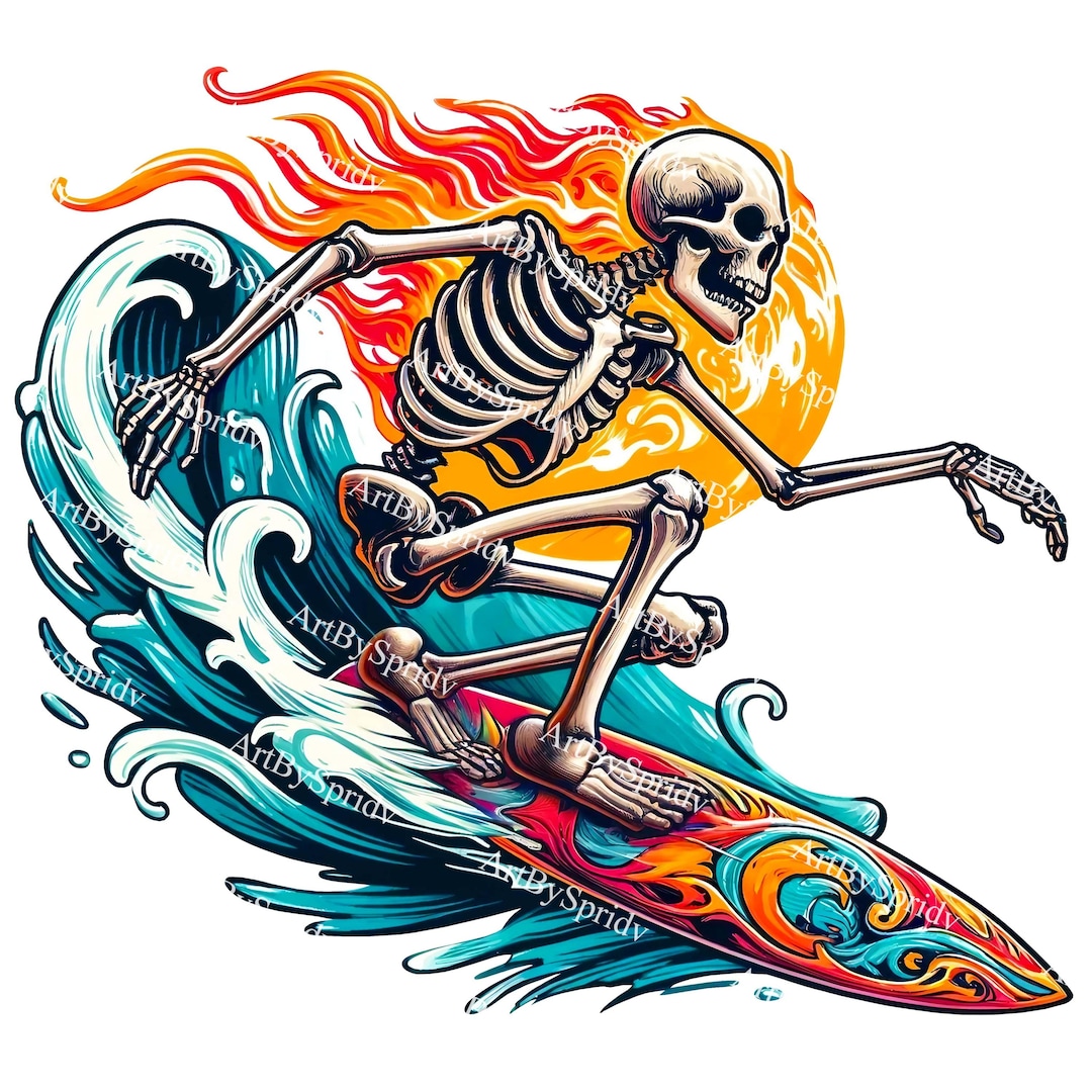 Skeleton Surfing Clipart on Vibrant Surfboard With Flames – Transparent ...