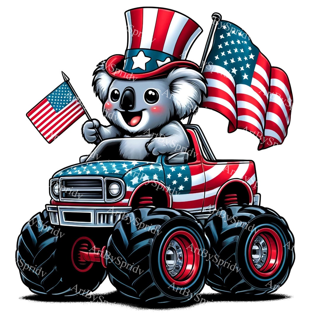 Patriotic Koala Clipart: Monster Truck Riding, Flag-waving Koala ...