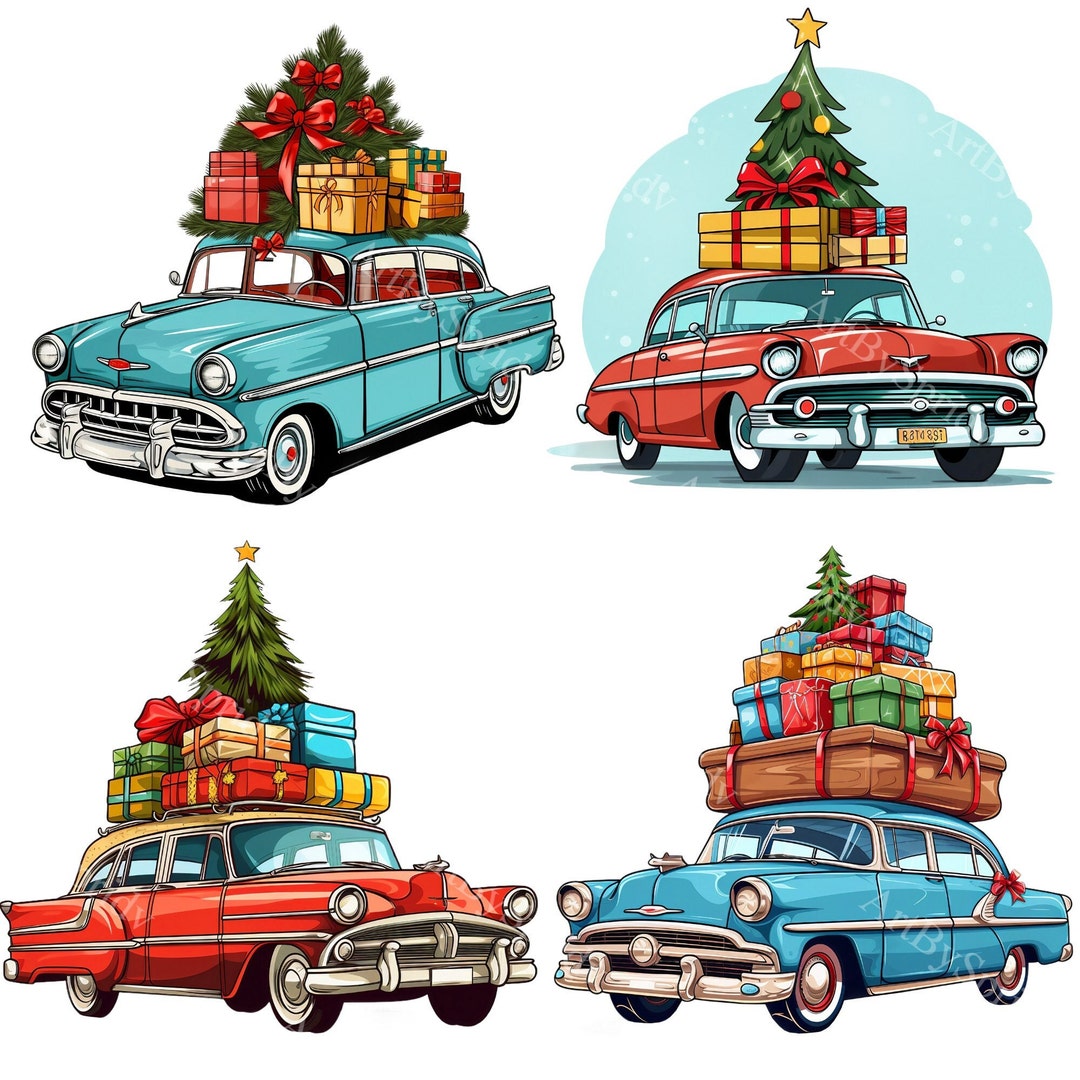 Vintage Christmas Cars Clipart Bundle, 4 Transparent Pngs of Retro ...