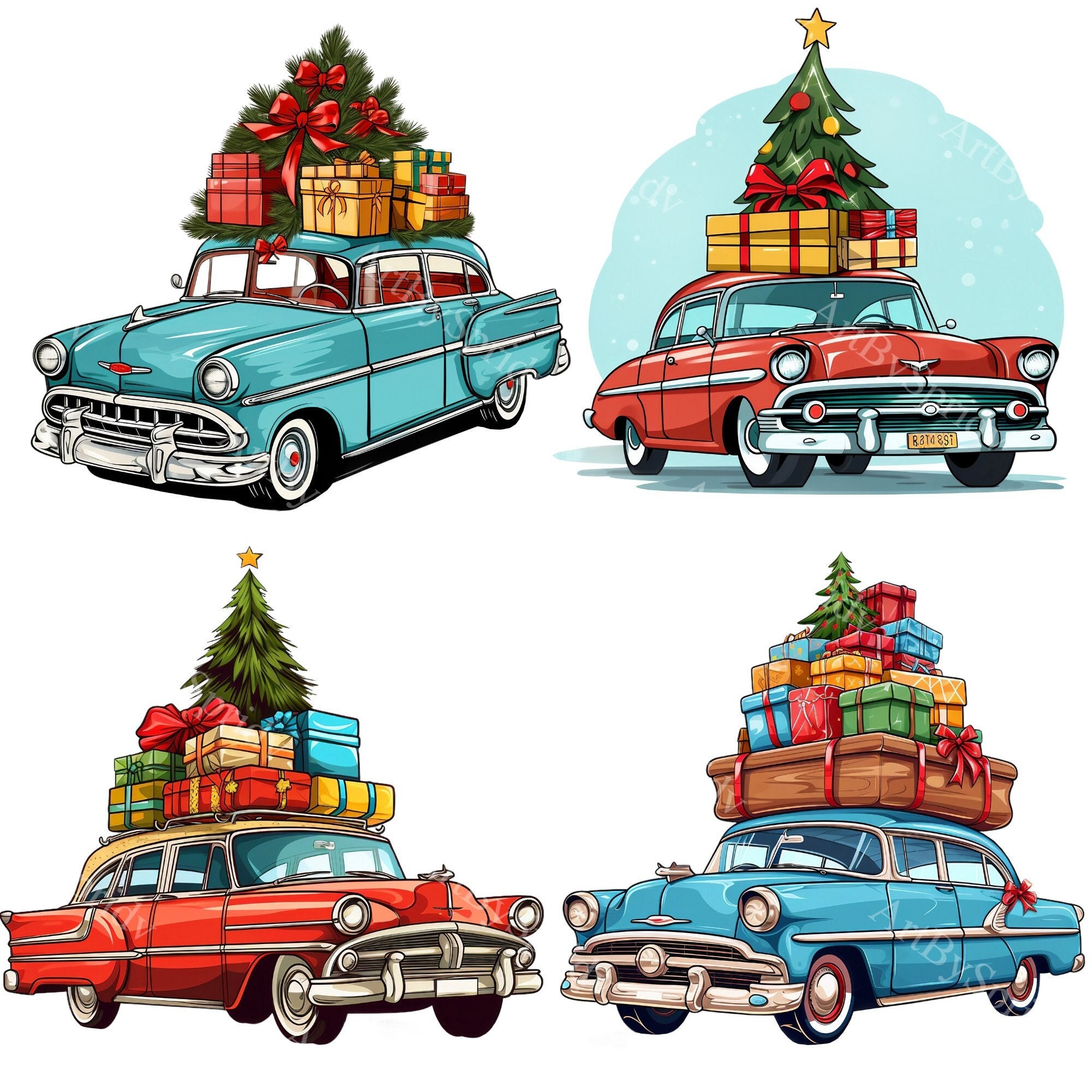 Vintage Christmas Cars Clipart Bundle, 4 Transparent Pngs of Retro ...