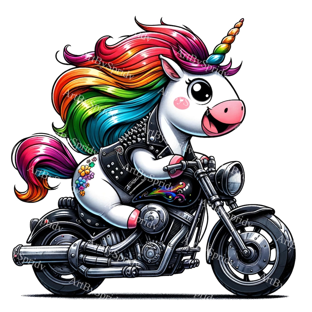 Unicorn Biker Clipart | Rainbow-haired Biker Unicorn PNG | Digital ...
