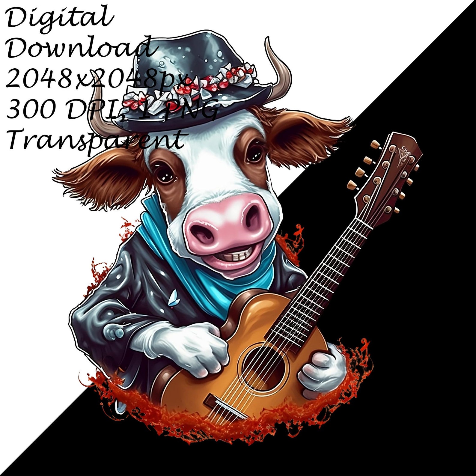 Musical Cow Clipart Playing Guitar, Transparent PNG Illustration for ...