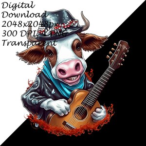 Cow Musician Clipart Guitar-playing Bovine Farm Animal Band PNG Digital ...