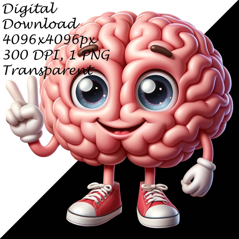 Cartoon Brain Clipart PNG - Friendly Brain Giving Peace Sign for DTG ...