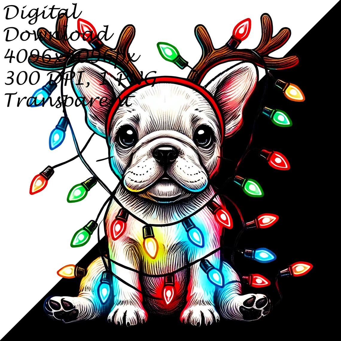 French Bulldog Puppy With Reindeer Antlers & Christmas Lights PNG ...