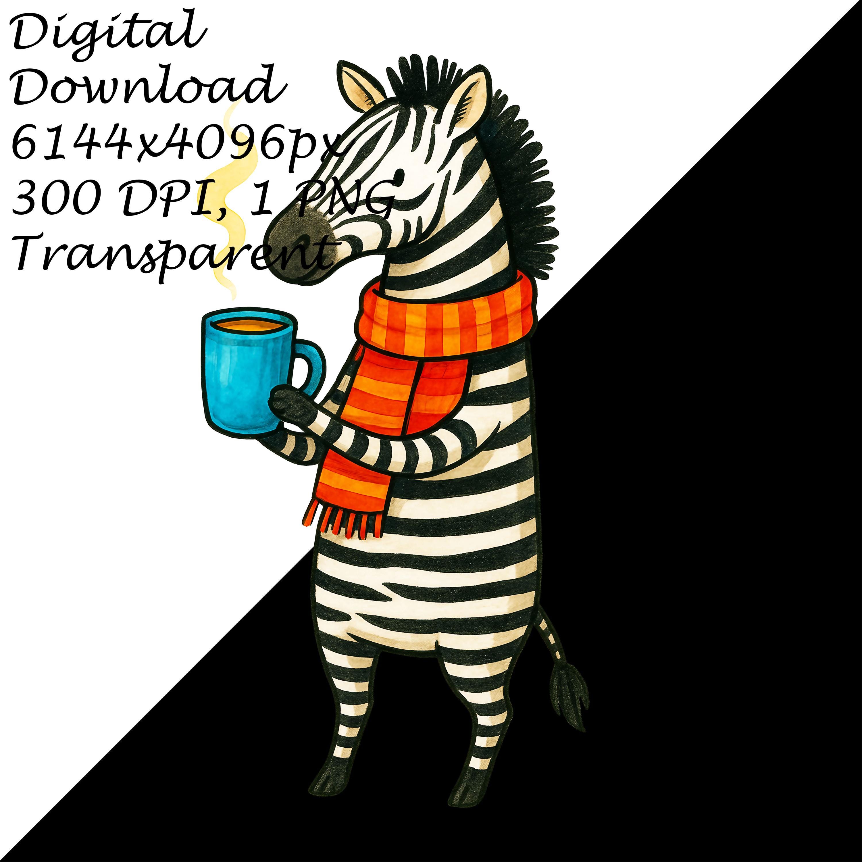 Cozy Zebra With Coffee PNG | Cute Cartoon Zebra in Scarf Holding Mug ...