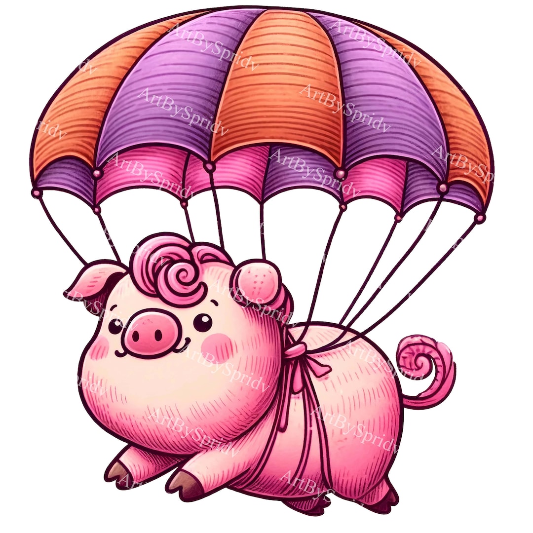 Adorable Pig Parachuting Clipart - Cute Flying Pink Pig With Parachute ...