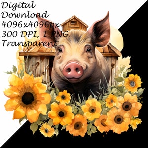 Rustic Farm Pig PNG Clipart With Vibrant Sunflowers, Country Barnyard ...