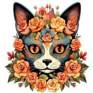 Floral Cat PNG Clipart, Day of the Dead Clip Art, Sugar Skull Cat Head ...