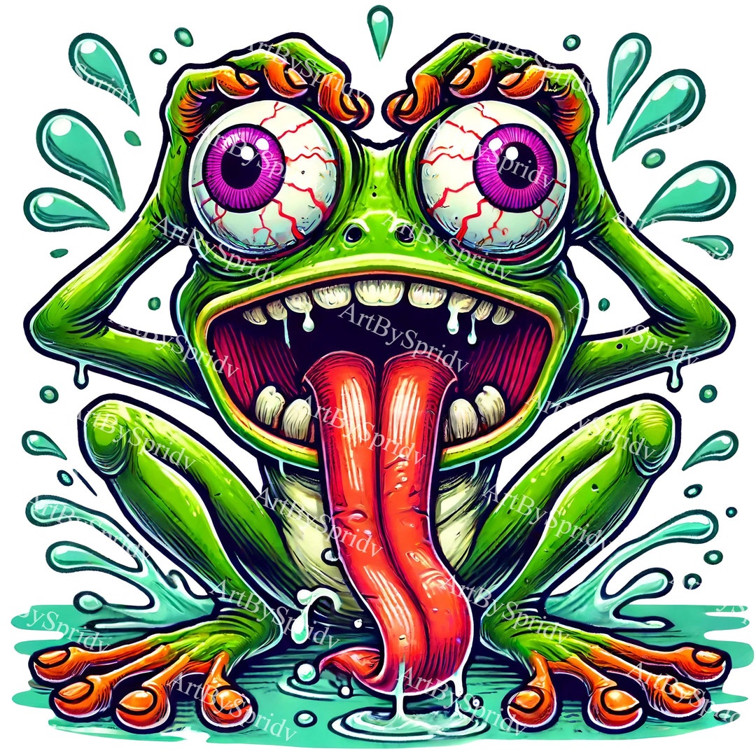 Crazy Cartoon Frog PNG Clipart With Exaggerated Eyes & Tongue,hand ...