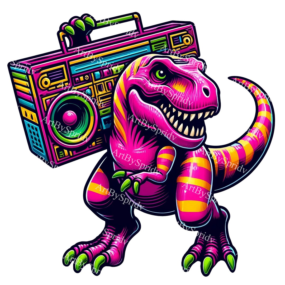 Funky T-rex Dinosaur With Speaker Box Download PNG Clipart-retro 80s ...