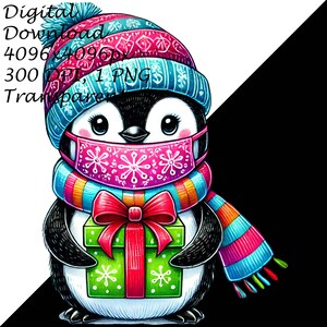 Christmas Penguin PNG Clipart in Mask Holding Gift Box, Festive Digital ...