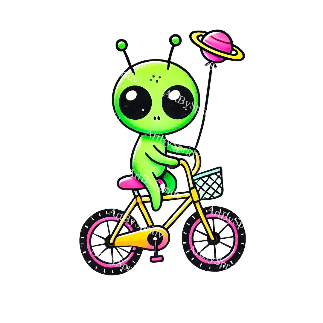 Alien Riding Bike Clipart PNG, Cute Space Alien With Planet Balloon for ...