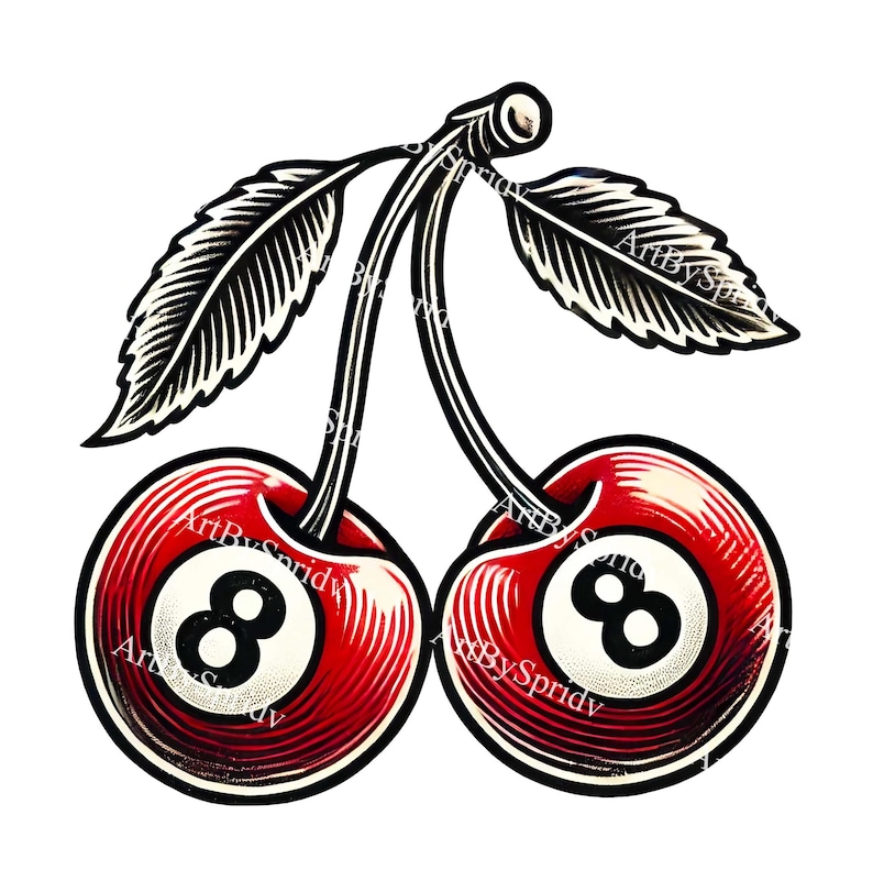 Vintage Tattoo Style 8 Ball Cherry PNG, Retro Rockabilly Pool Ball ...