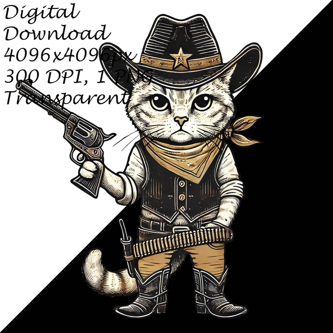 Vintage Cowboy Cat PNG | Wild West Sheriff Cat Illustration | Western ...