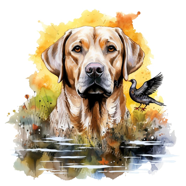 Labrador Retriever With Bird Clipart, Watercolor Dog PNG, Printable ...