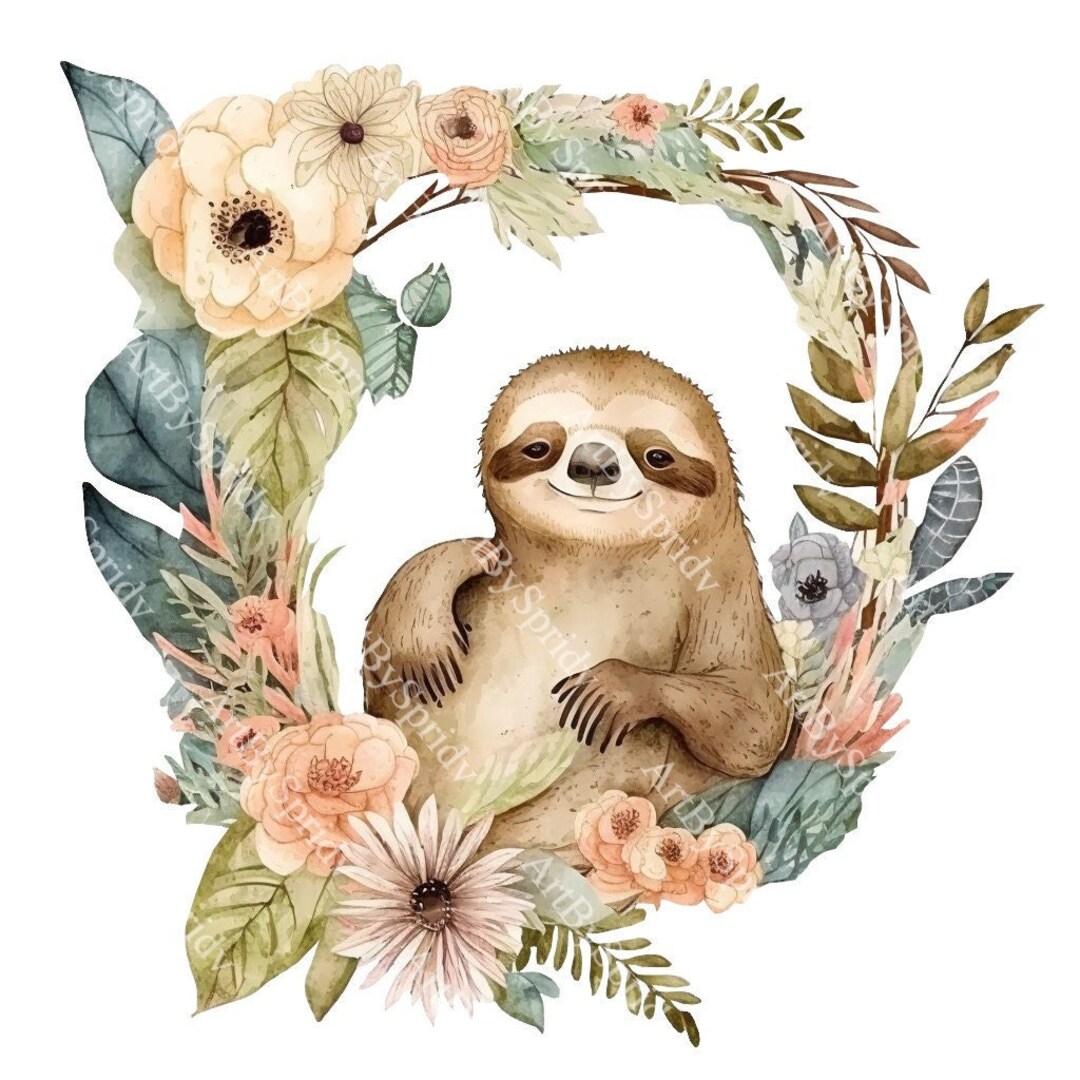 Watercolor Floral Sloth PNG, Cute Cartoon Transparent Clipart Kids ...
