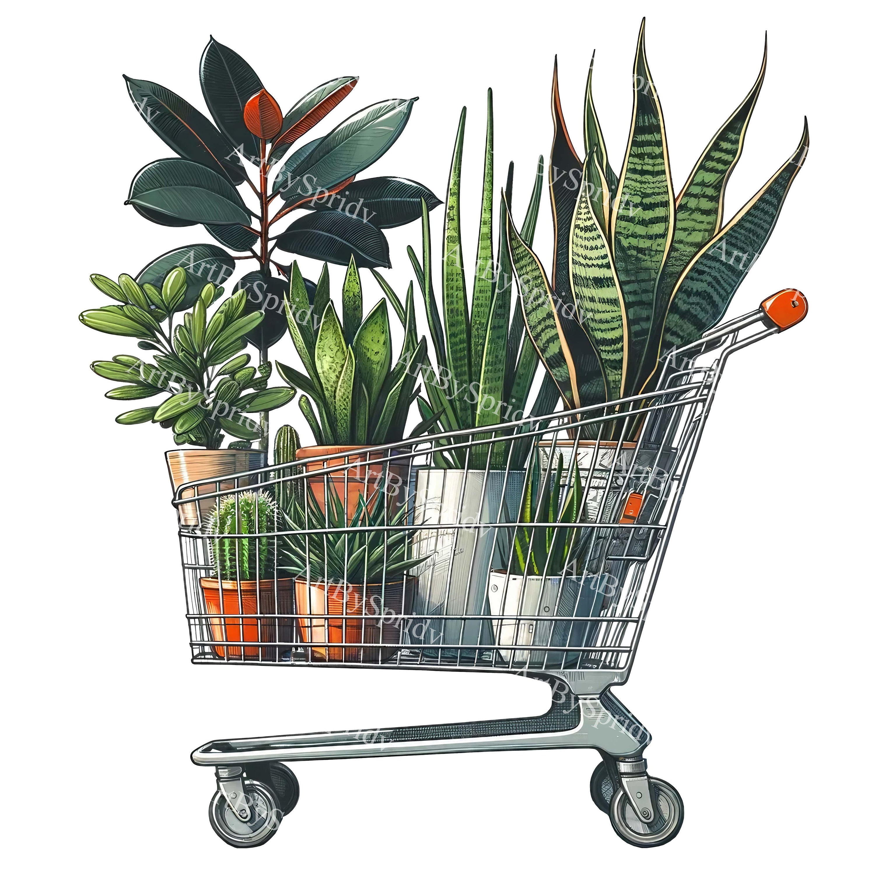 Shopping Cart With Potted Plants Clipart - Lush Foliage PNG, Urban ...