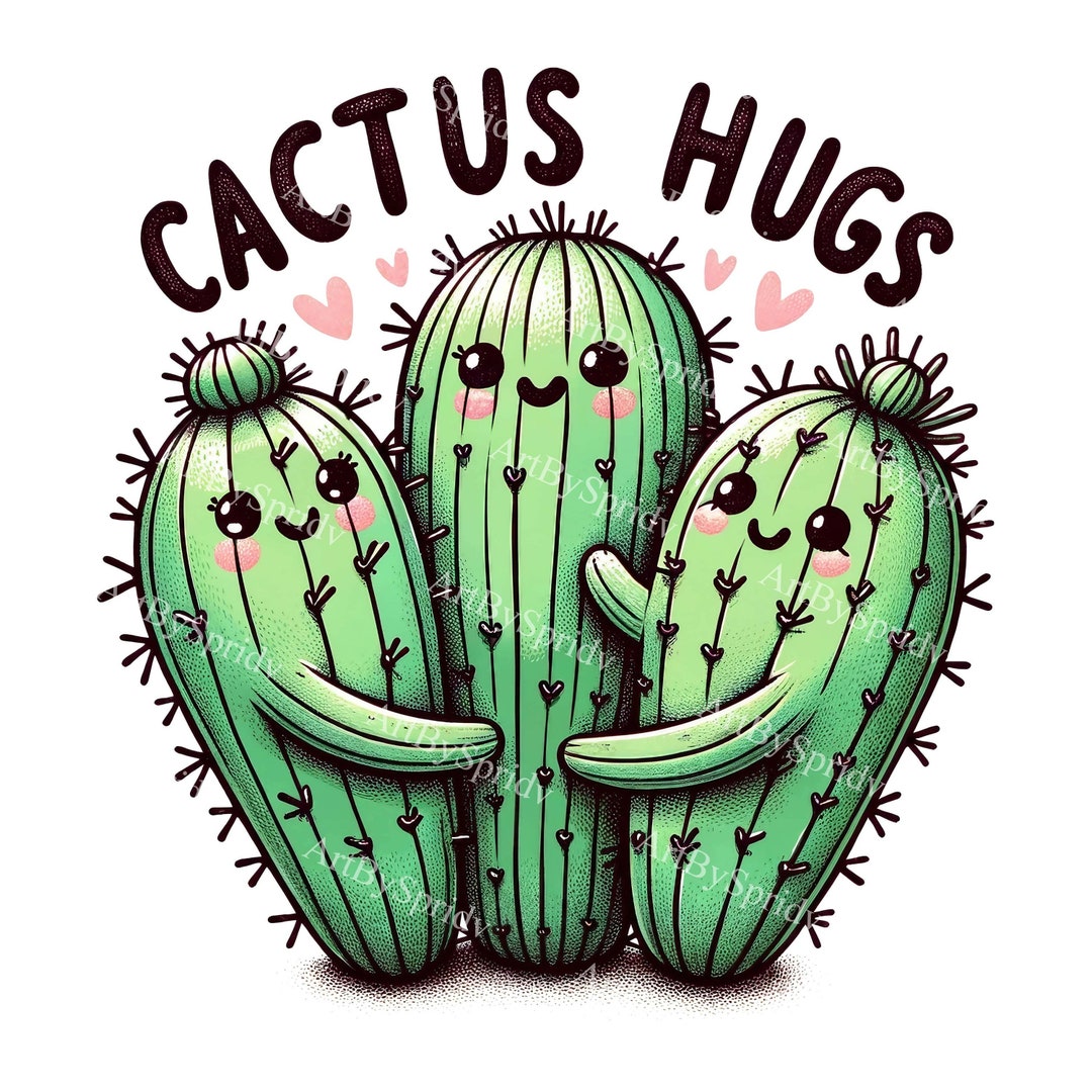 Kawaii Cactus Clipart, Cute Hugging Cacti With Hearts, Digital Download ...