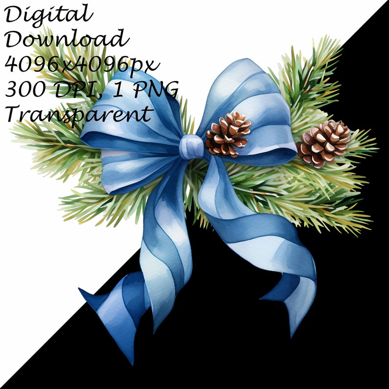 Christmas Blue Ribbon Clipart Set-winter Holiday Bow PNG With Pine ...