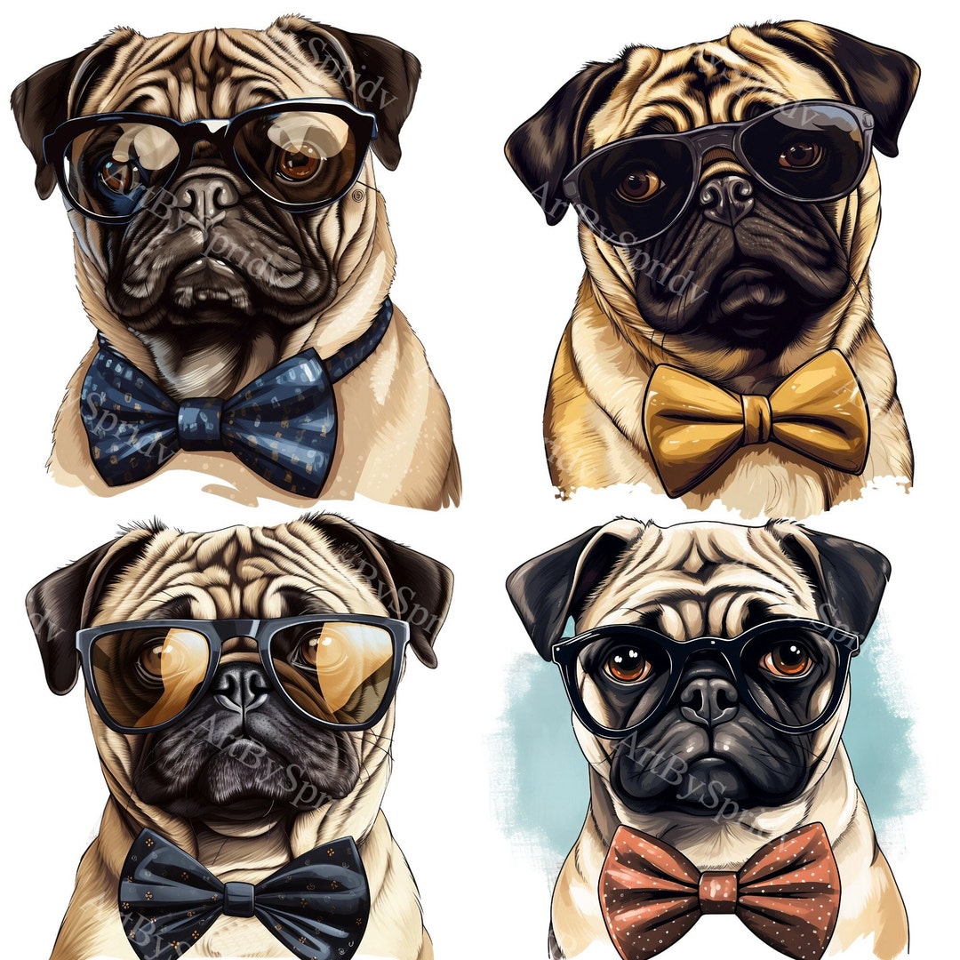 Cute Pug Clipart Bundle With Glasses and Bow Ties - Digital Download ...