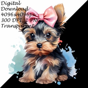 Cute Watercolor Yorkshire Terrier Puppy Dog Bow - Transparent 4 PNG ...