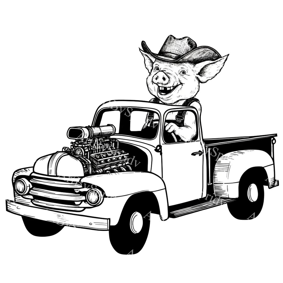 Vintage Truck Pig Art|classic Pickup&cartoon Pig Driver Clipart|retro ...