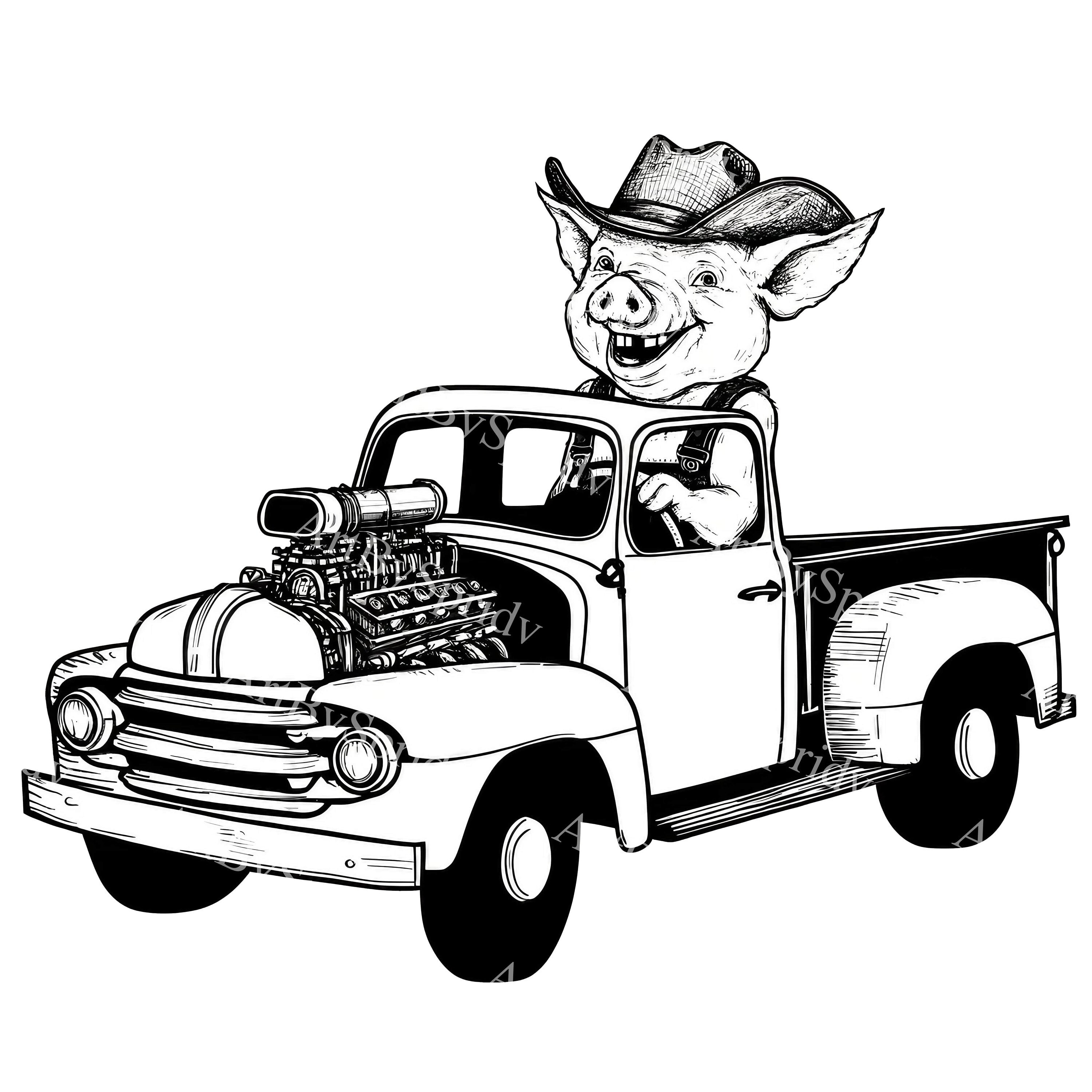 Vintage Truck Pig Art|classic Pickup&cartoon Pig Driver Clipart|retro ...