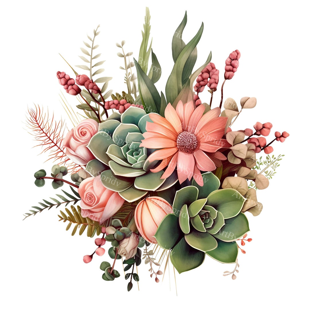 Bouquet of Succulents & Wildflowers Boho Floral Style Transparent PNG ...